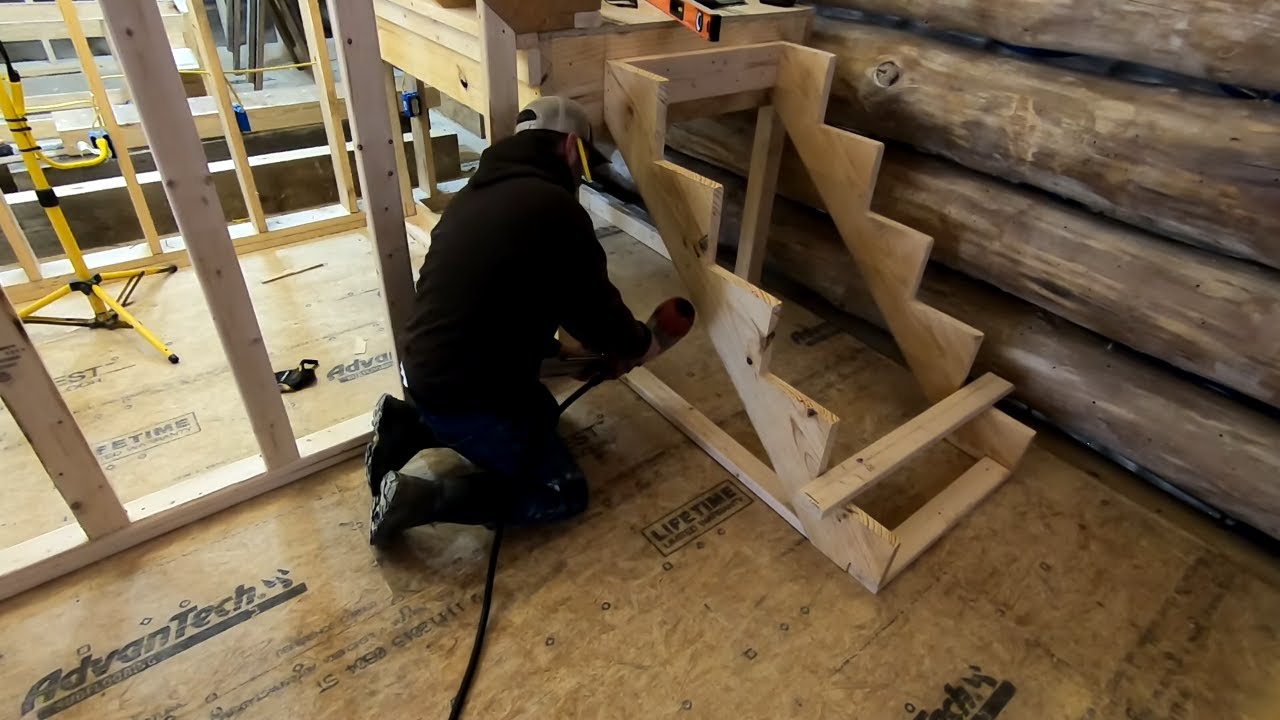 Stair Stringers in the LOG CABIN are finished!! - YouTube