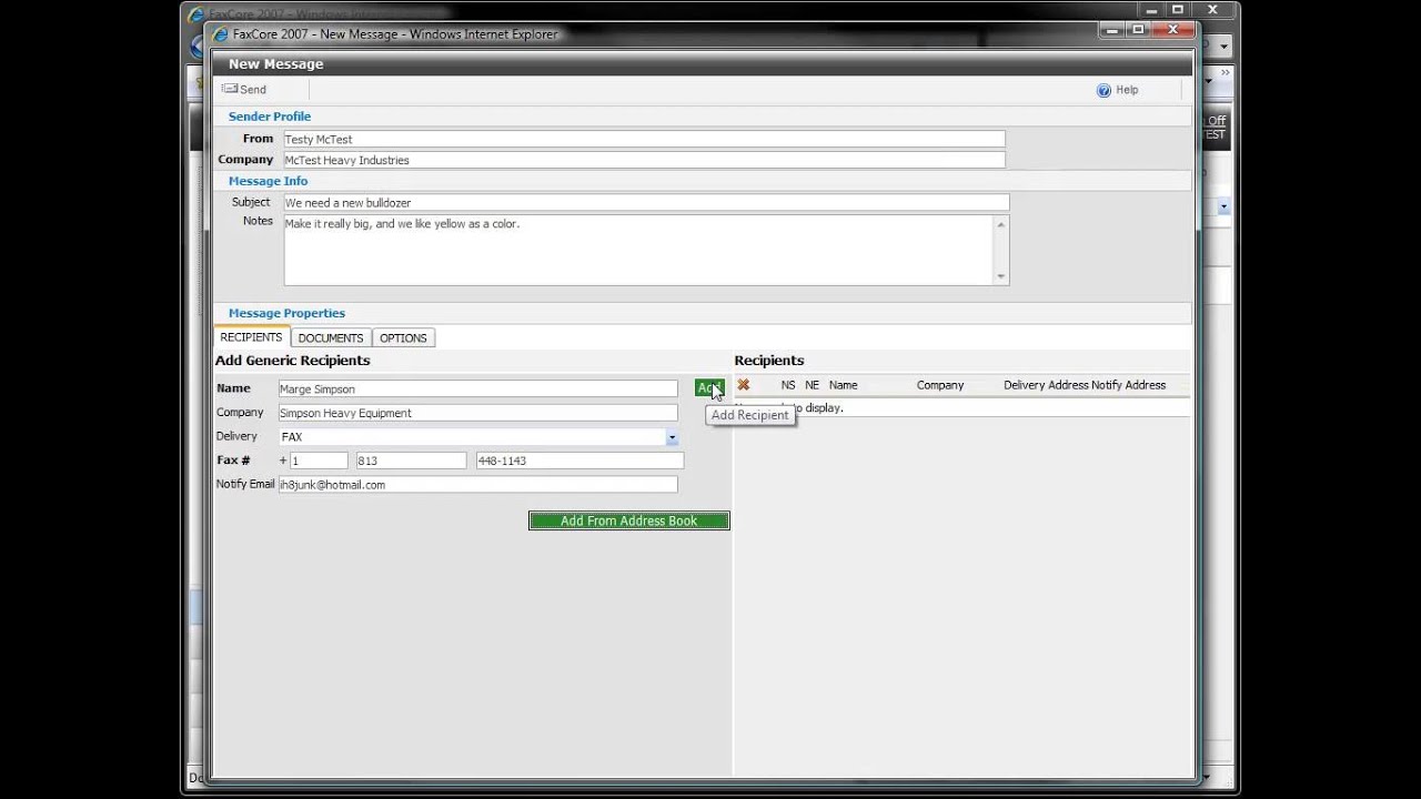 Sending a basic fax with FaxCore 2007 - YouTube