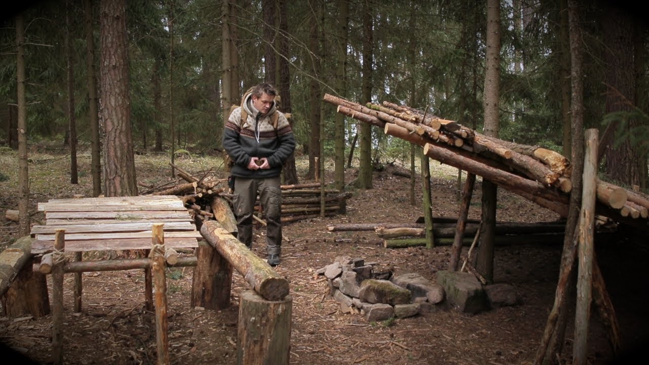 BUSHCRAFT CAMP PART I - SILENT NATURE, FORK CARVING, CAMPFIRE, ROASTED ...