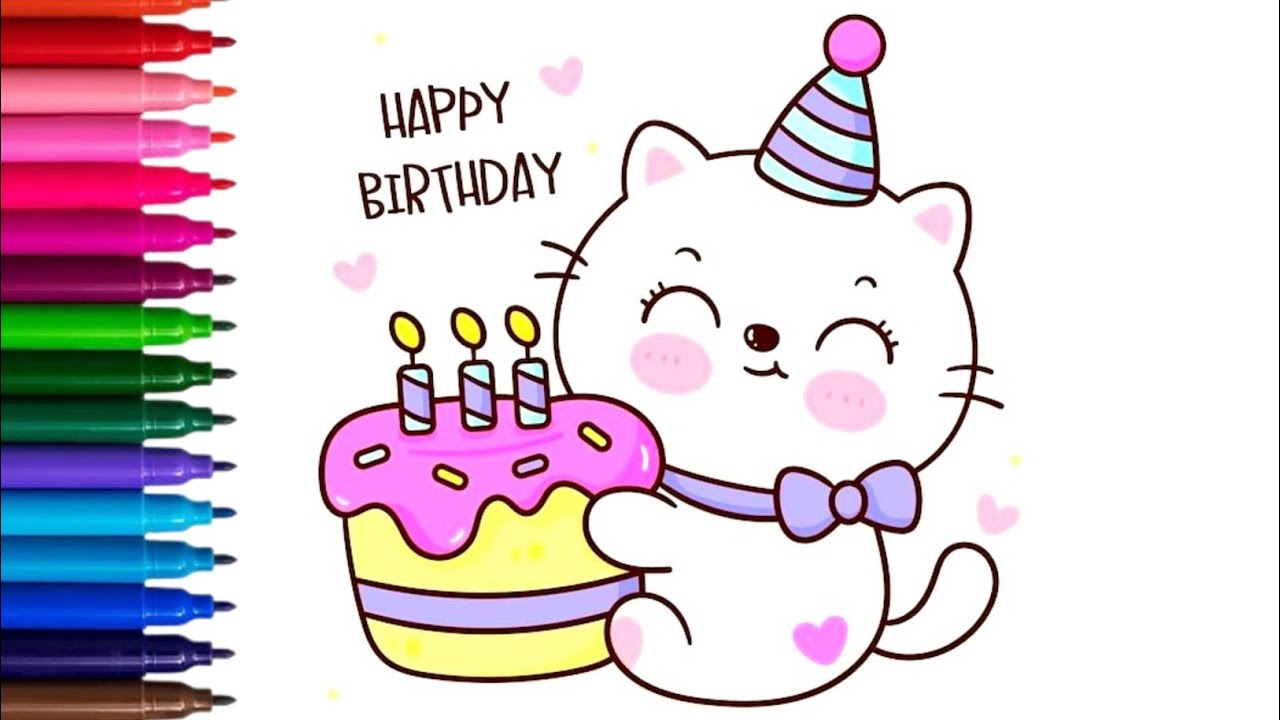 How to Draw a Cute Cat With Happy Birthday Cake EASY 🎂🎈 - YouTube