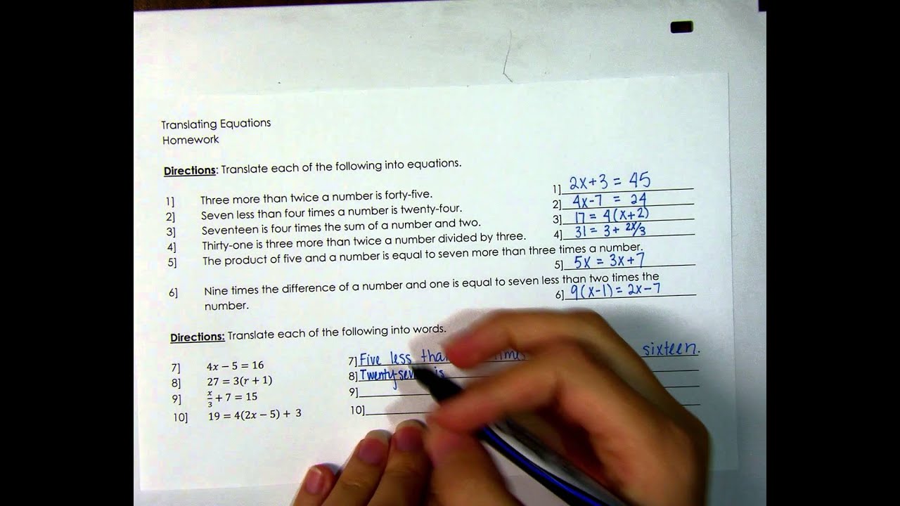 Translating Equations Homework - YouTube