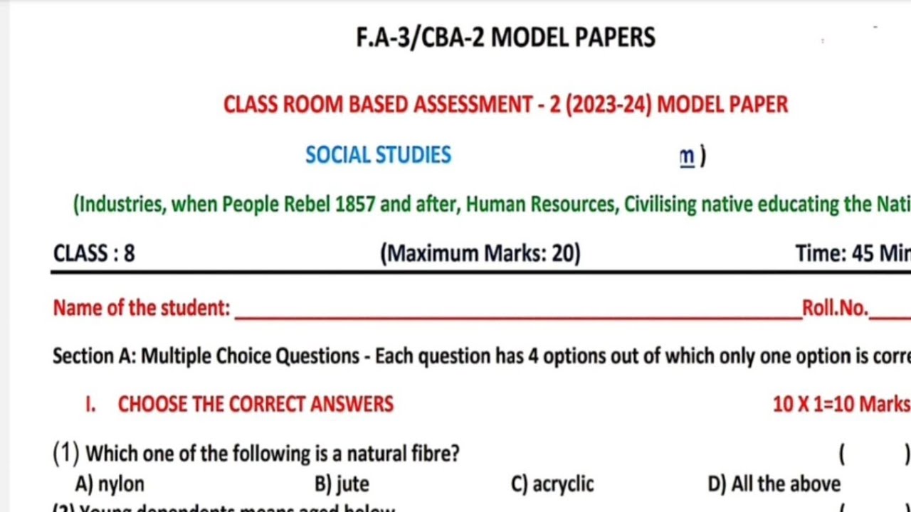 8th class social studies fa 3 cba 2 question paper with answers 2023 ...