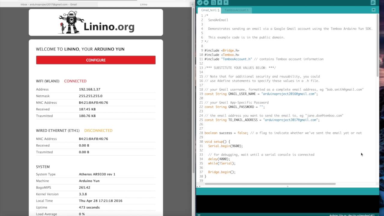 Send an email via Gmail using an Arduino Yùn - YouTube