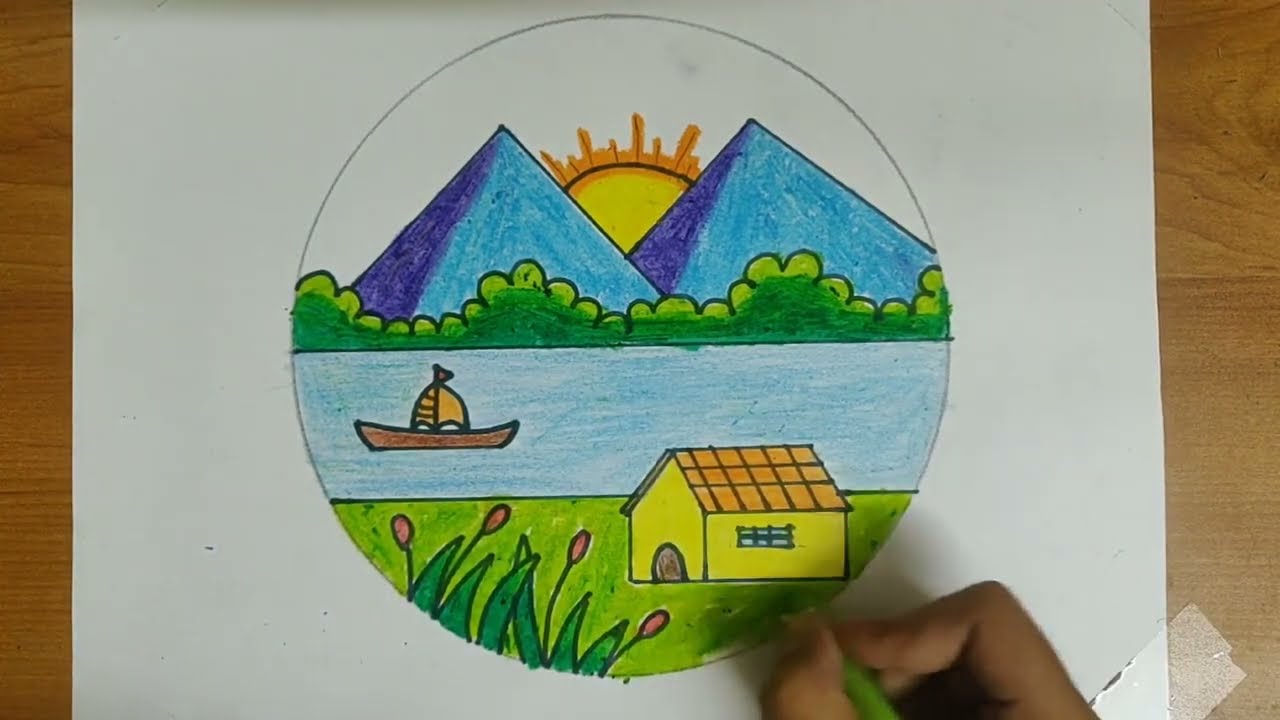 Scenery Drawing in a circle | How to draw easy natural scenery in ...