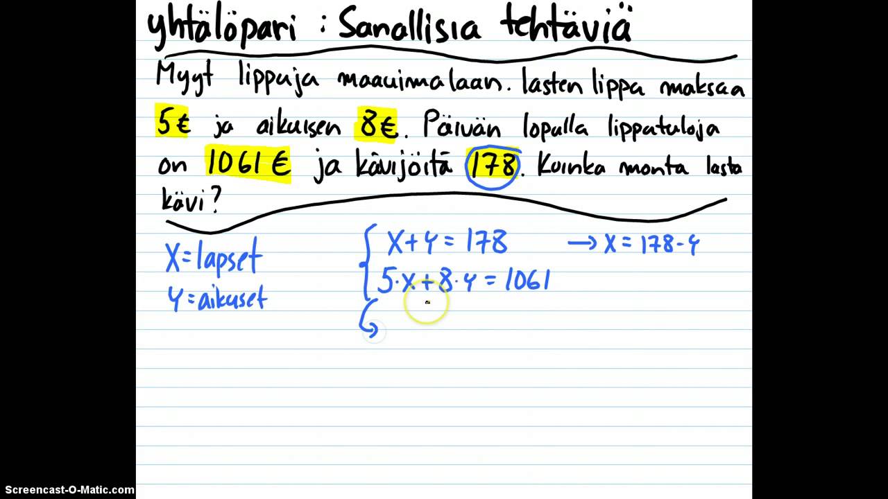 Yhtälöpari, Sanallinen tehtävä 1 - YouTube