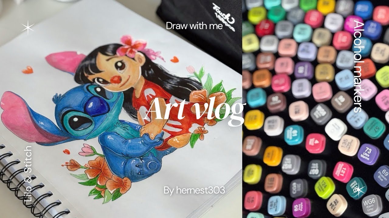 Art vlog 13 | draw with me | Lilo & Stitch, using alcohol markers and ...