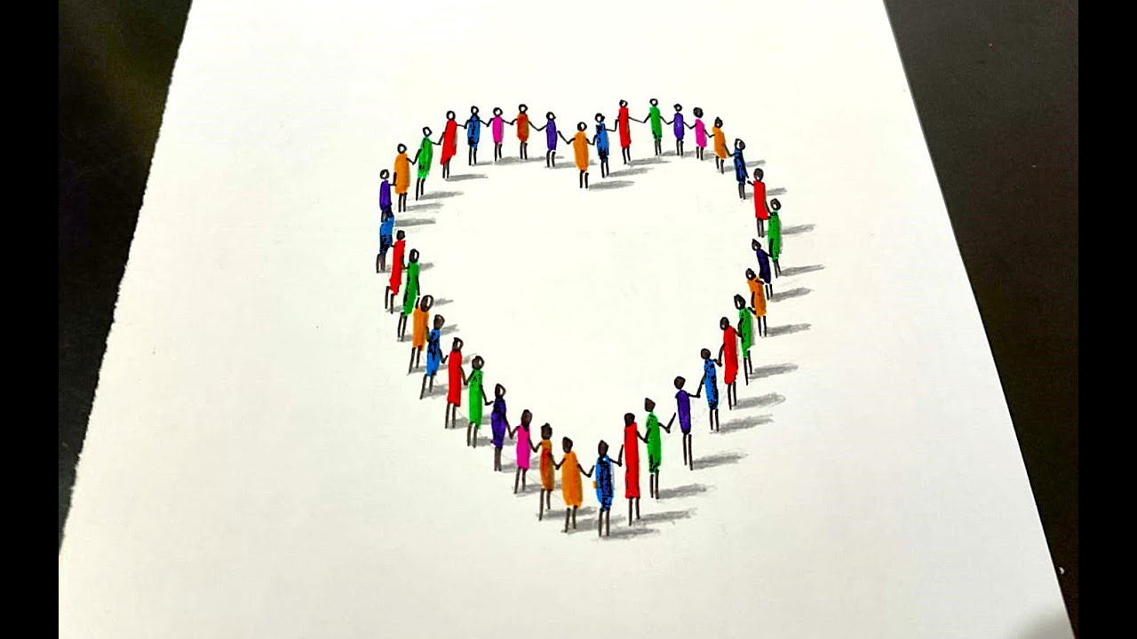 How to Draw Love Heart of People holding hands | Easy 3D Drawing Crowd ...