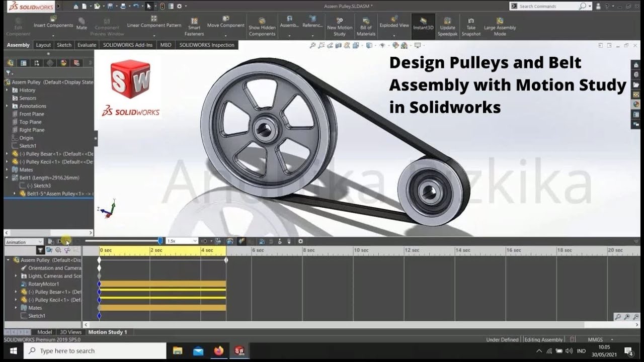 Design Pulleys and Belt Assembly with Motion study in Solidworks - YouTube