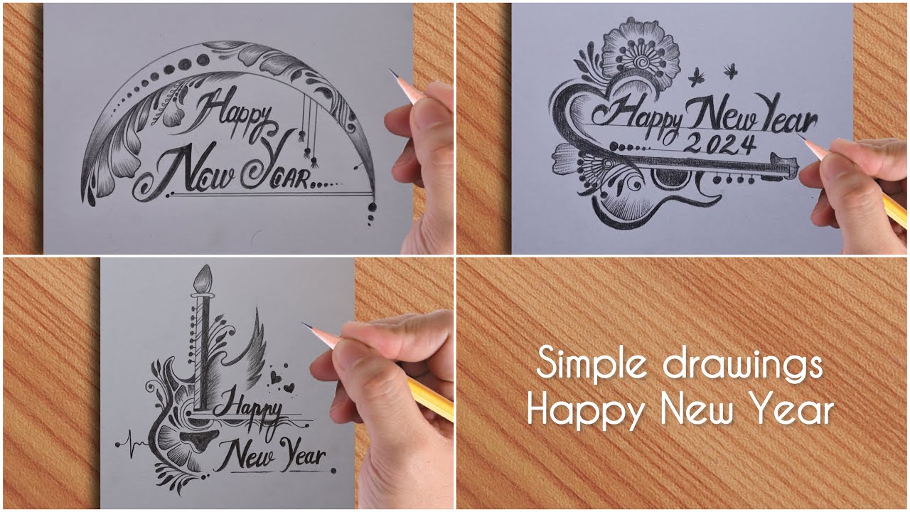 New year drawings with pencil || 3 best drawing of Happy new year with ...