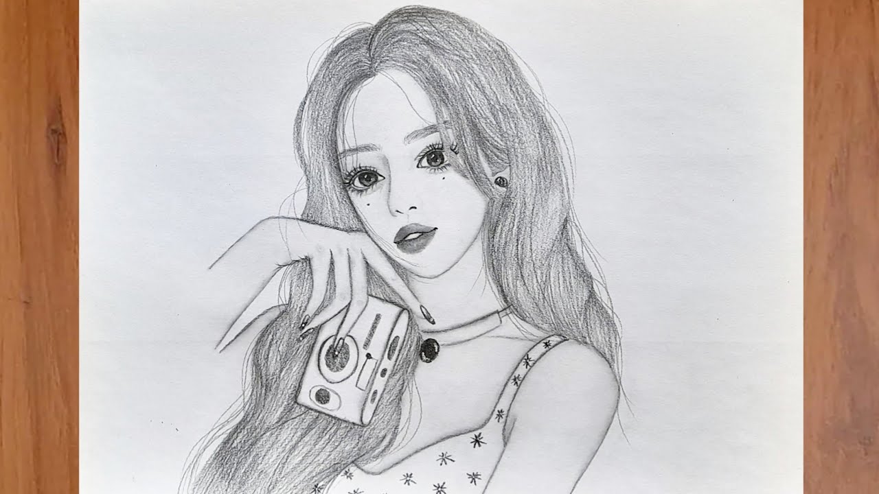 Drawing cute girl holding camera:How to draw a girl holding camera easy ...