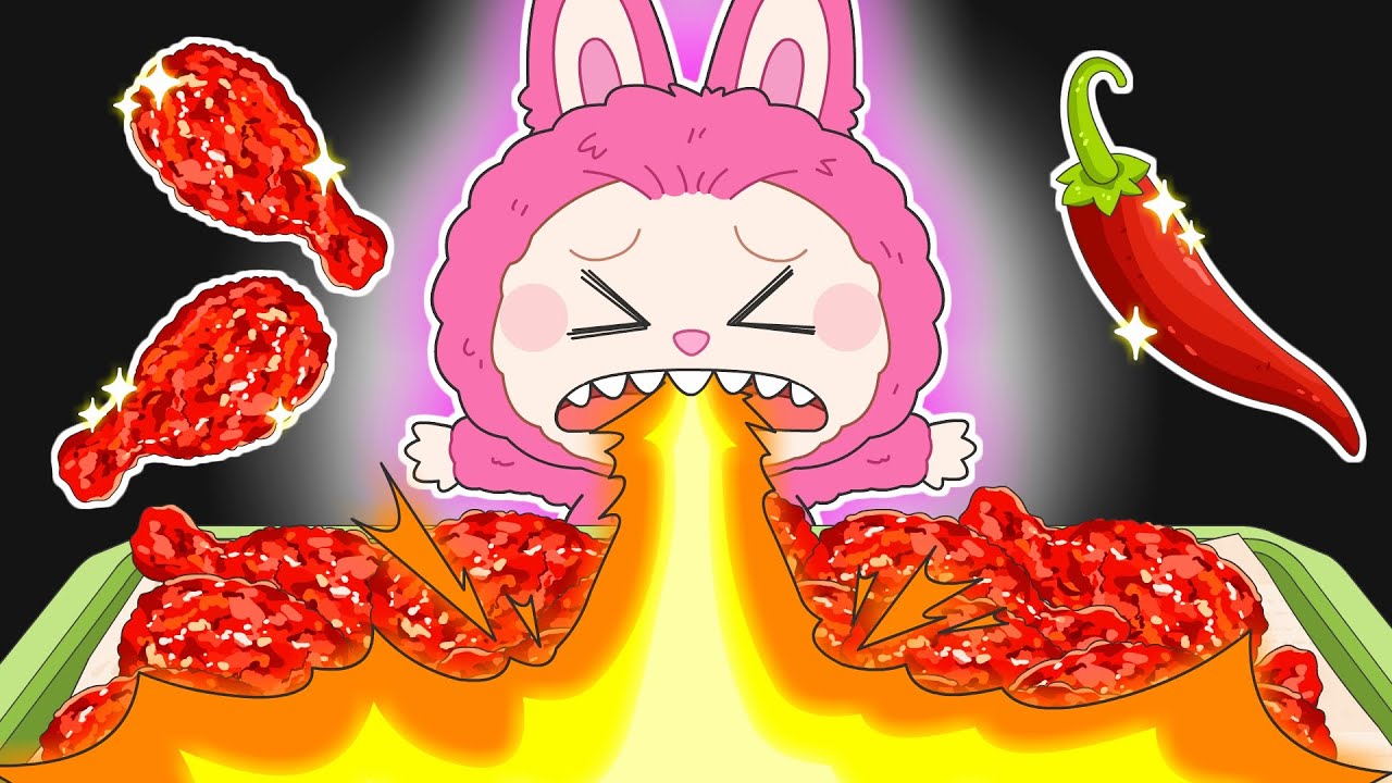 Labubu challenges super spicy fried chicken legs / Labubu Mukbang ...