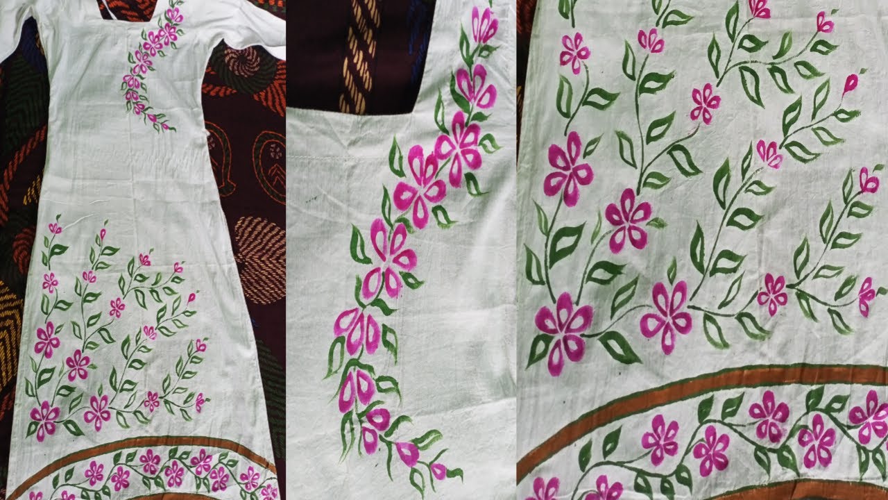 Hand paint design on dress,kurti||Hand paint tutorial||হ্যান্ড পেইন্টেড ...