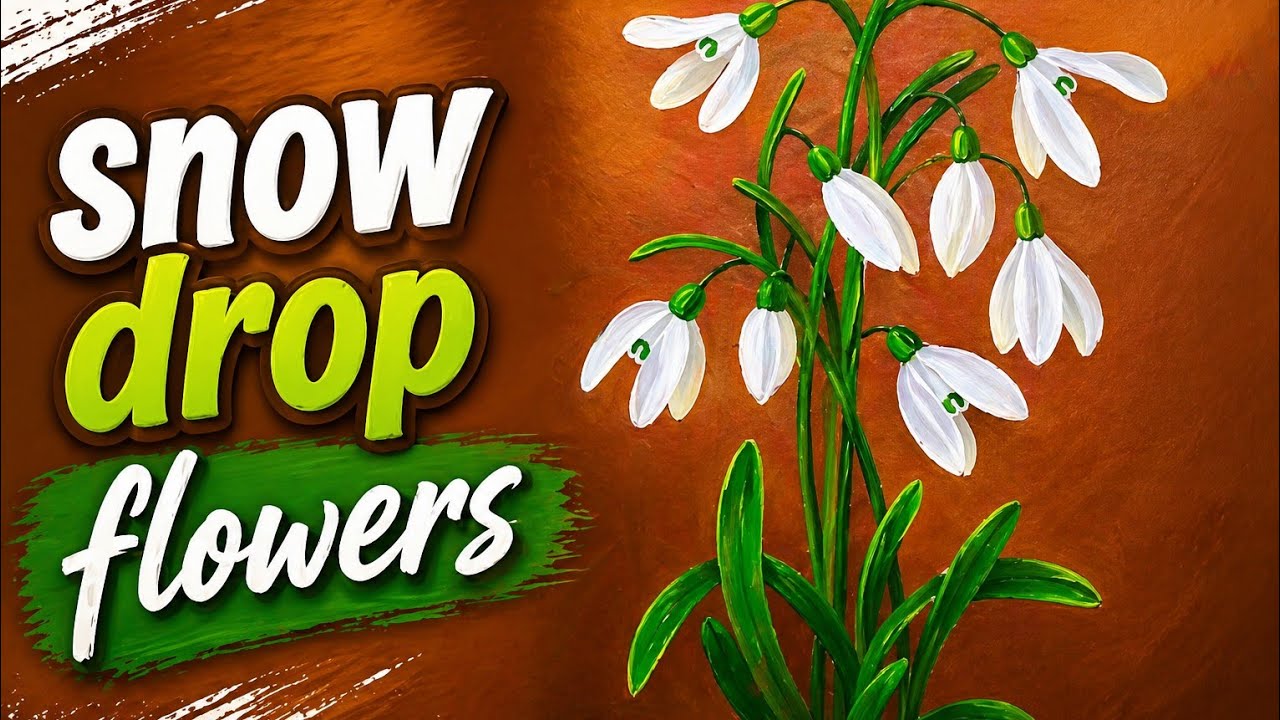 Snowdrop flower painting in acrylic | Round brush painting tutorial for ...