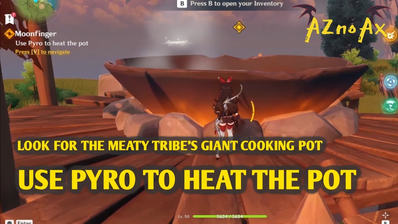 LOOK FOR THE MEATY TRIBE'S GIANT COOKING POT, USE PYRO TO HEAT THE POT ...