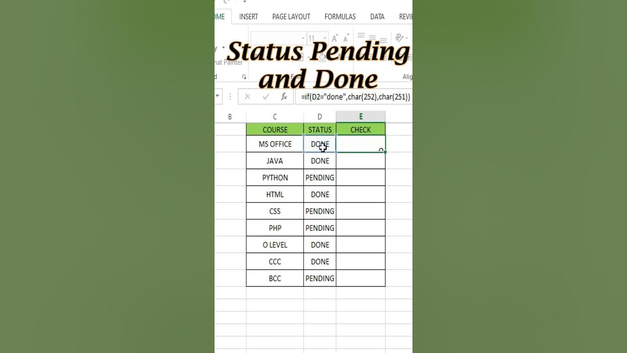 Course Pending And Done In Excel Shorts Exceltech Excelformula Exceltips Youtube