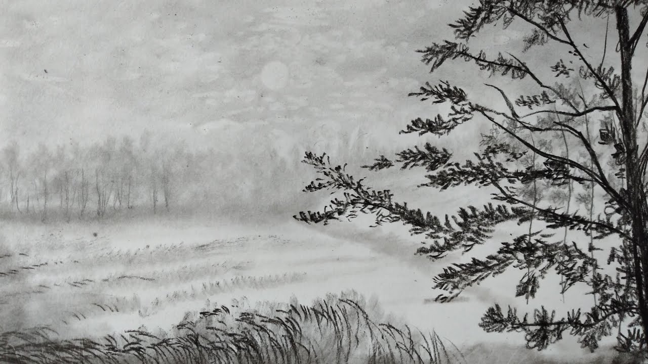 drawing a landscape of trees in the morning - YouTube