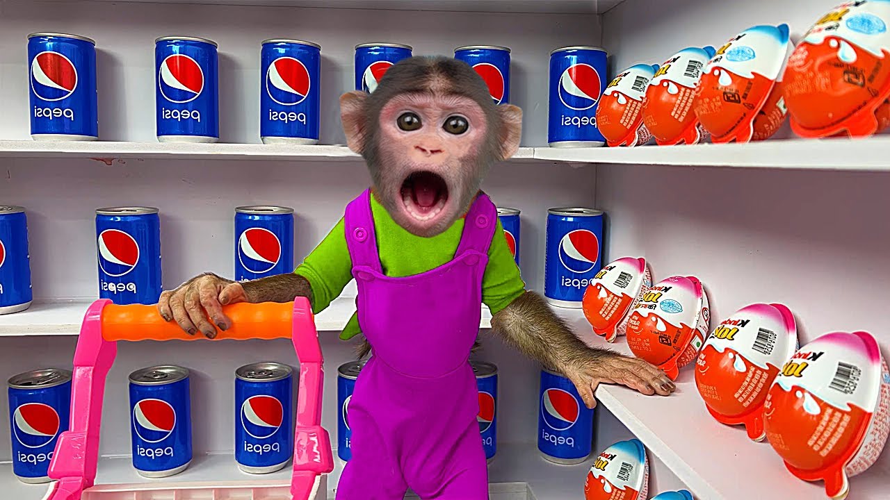 Monkey BeBe goes to supermarket to buy pepsi and kinder joy eggs with ...