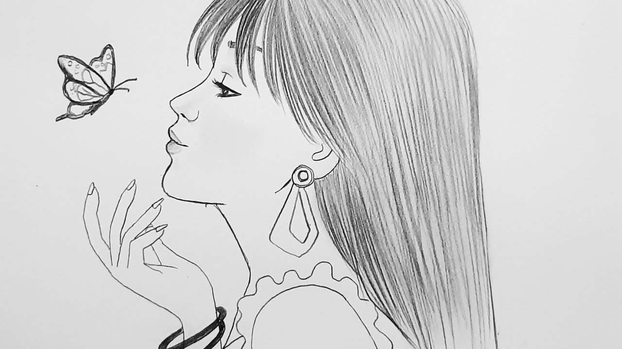 how to draw a beautiful girl with butterfly with pencils step by step ...