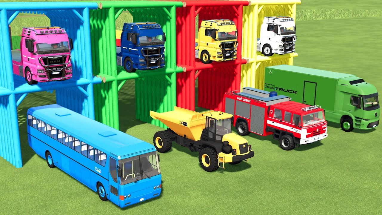 TRANSPORTING BOX TRUCK, FIRE TRUCK, BUS, DUMP TRUCK TO GARAGE! FS22 ...