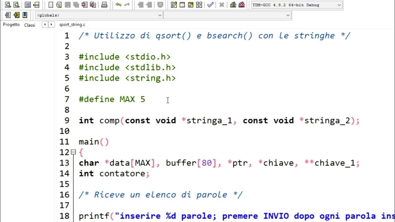 Linguaggio C - bsearch() e qsort() : utilizzo con le stringhe - YouTube