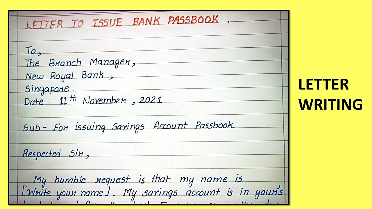 Write a letter to issue Bank Passbook in English || Letter writing ...