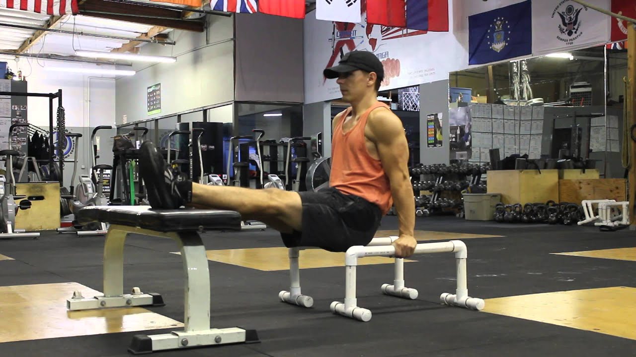 Parallete Dip - Straight leg dip with heels on weight bench - YouTube