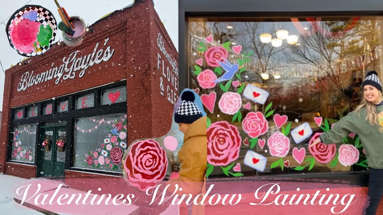 Valentines Window Painting on a cute Vintage Flower Shop - YouTube