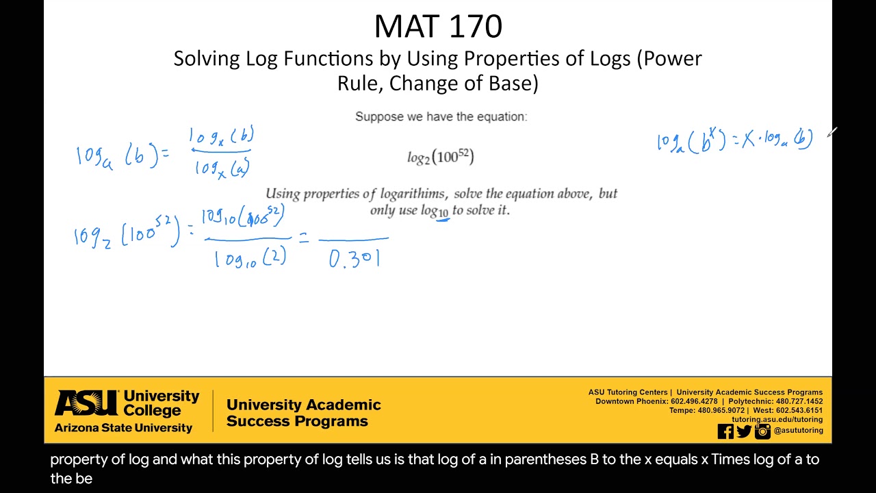 Solving Log Functions by Using Properties of Logs (Power Rule, Change ...