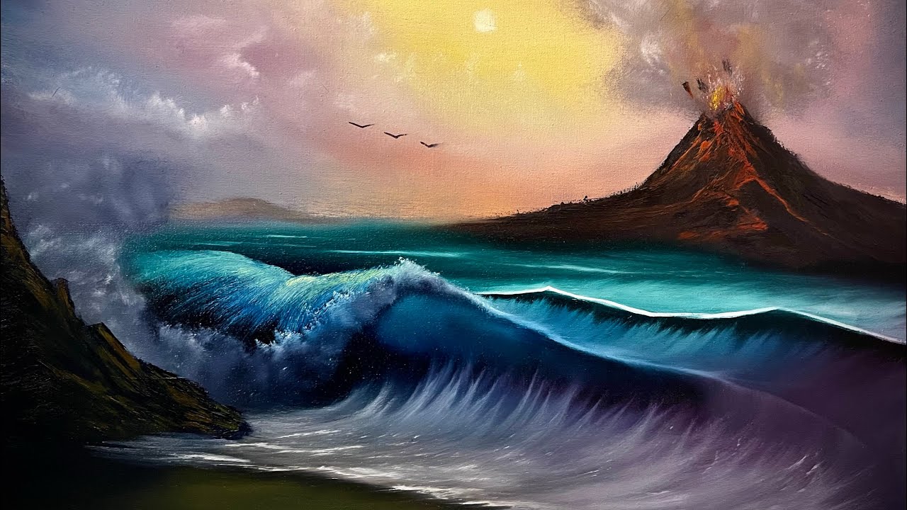 TikTok LIVE Oil Painting - “I Lava You” #705 - Sunset Volcano Seascape ...