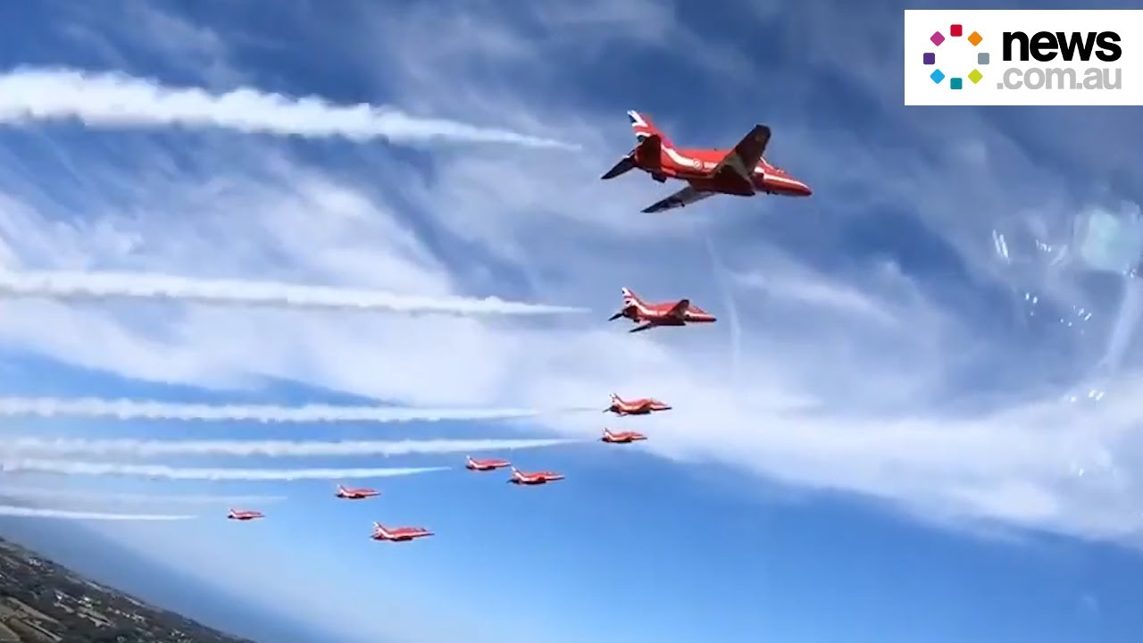 Cockpit footage shows UK's Red Arrows Display Team over Jersey - YouTube