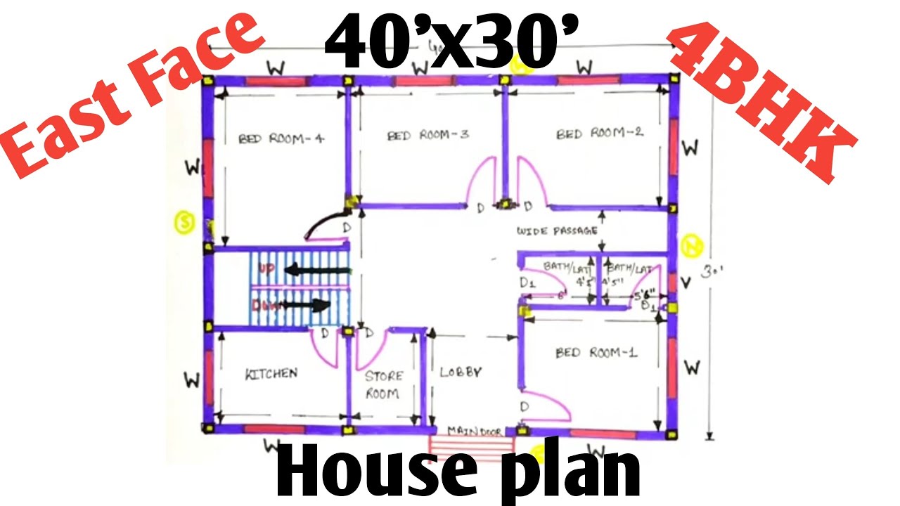 40 x 30 House Plan||40x30 East Face House Plan||40*30 4Bhk house plan ...