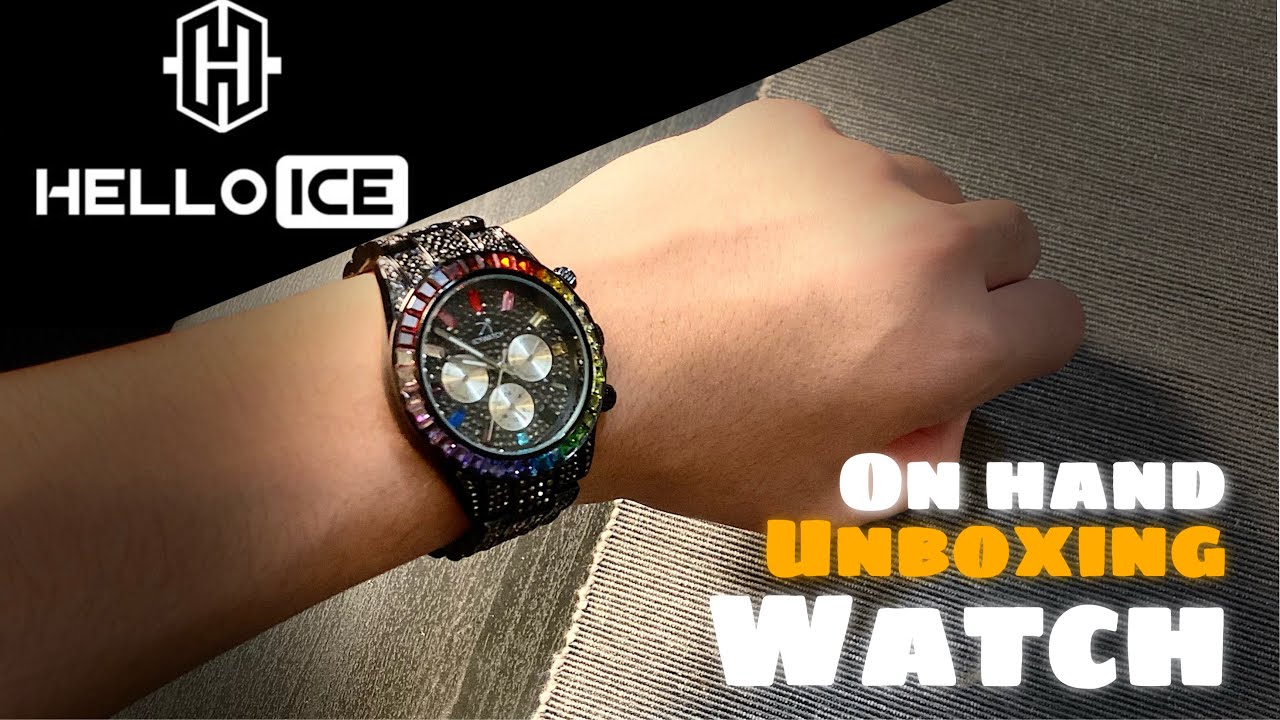 Helloice Iced Rainbow Dial Watch in Black Gold Unboxing & On Hand - YouTube