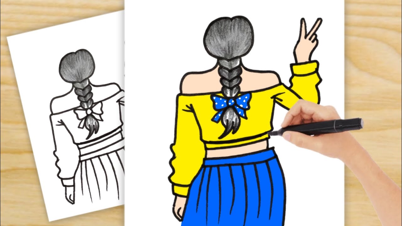 How to Draw a Girl from Back with Braided Hair & Bow | Easy for Kids ...
