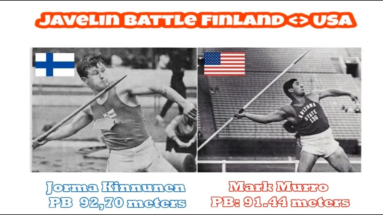 Javellin contest between Jorma Kinnunen (87.74 meters) & Mark Murro USA ...