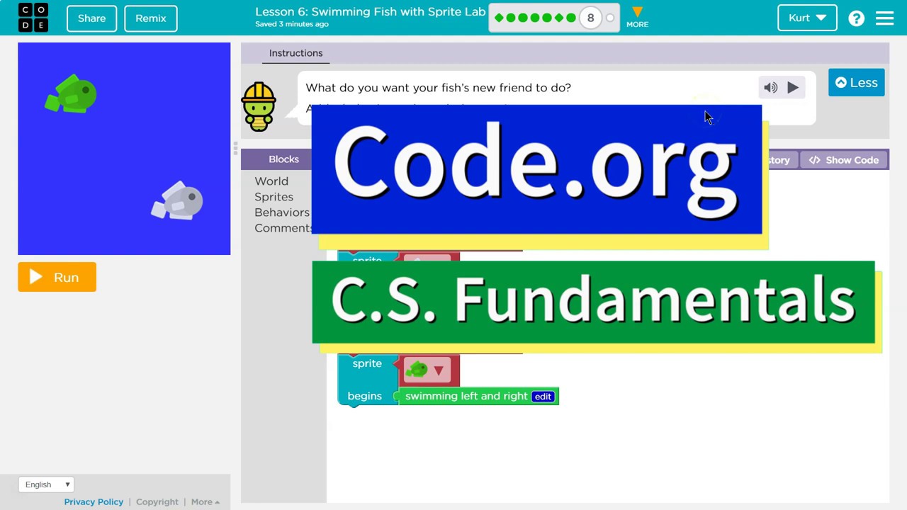 Code.org Express Lesson 5.8 Swimming Fish in Sprite Lab | Answer ...
