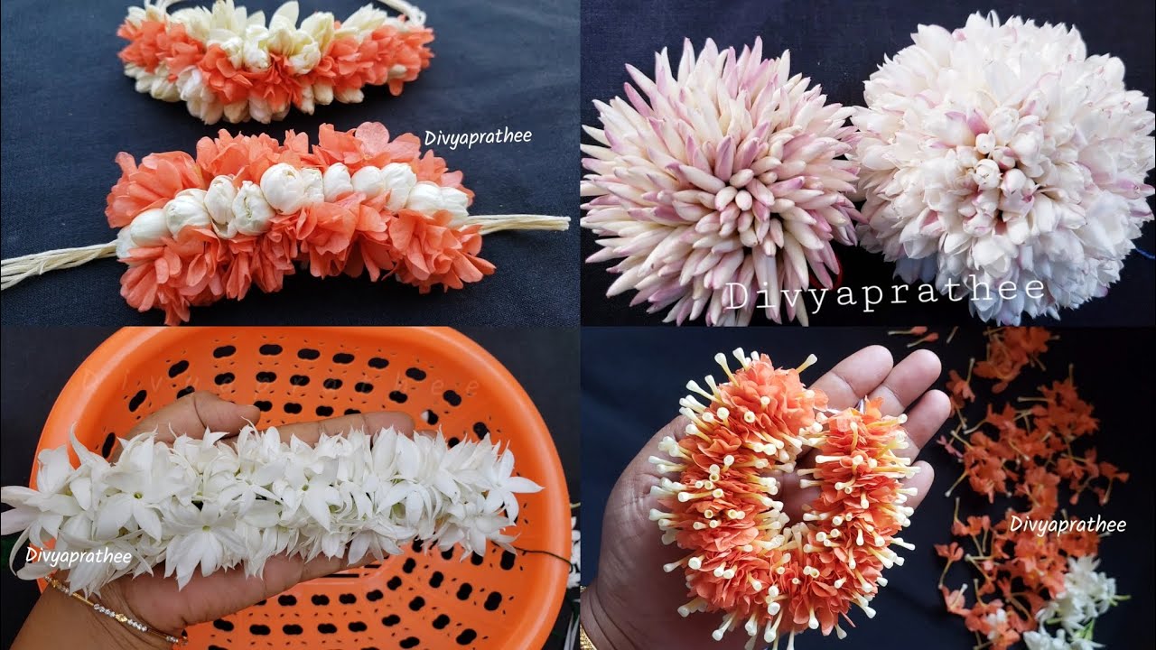 4 Different flower garlands/jasmine Gajra/veni/mallipoo/pellipoolajada ...