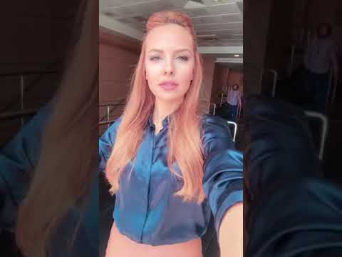 Deniz Satar in blue satin blouse 2018