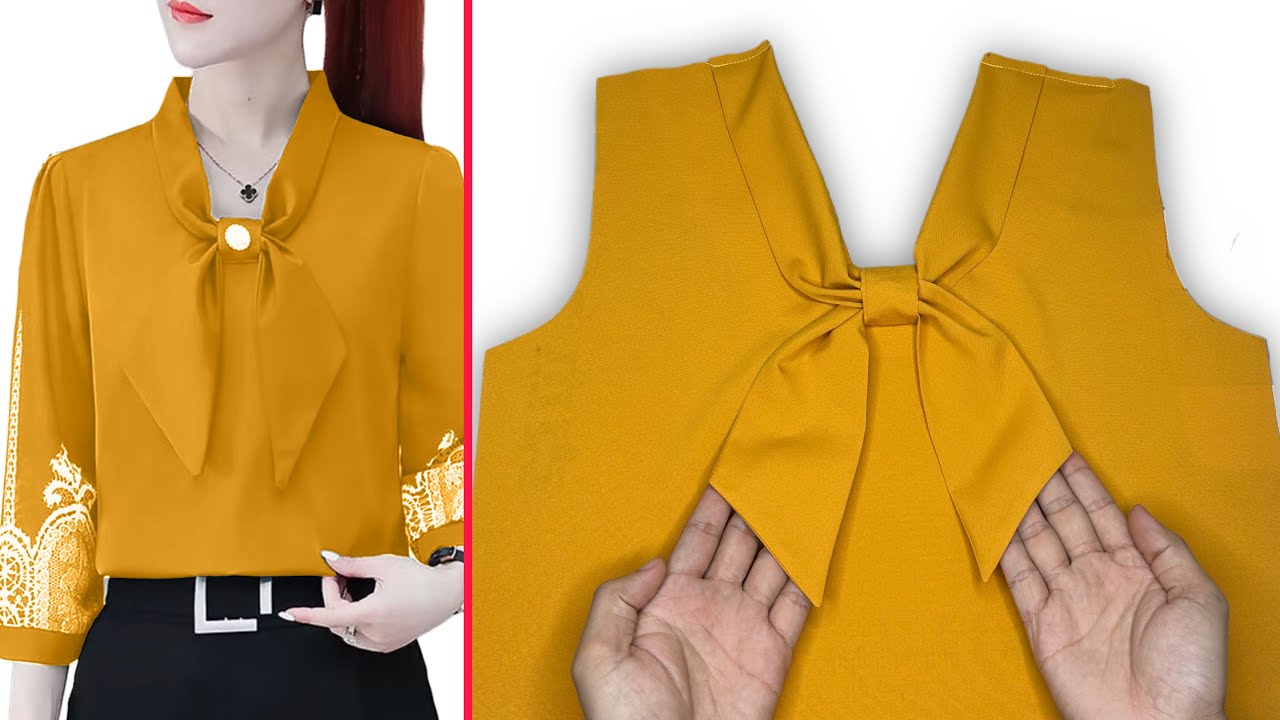 An elegant bow-tie neckline adorned with a pearl accent, blending ...