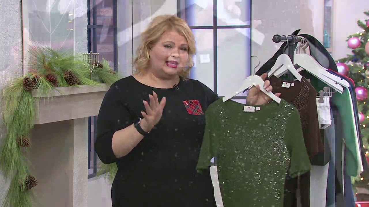 Quacker Factory Elbow-Sleeve Metallic Sequin Scoop Neck Rib Knit Top on ...