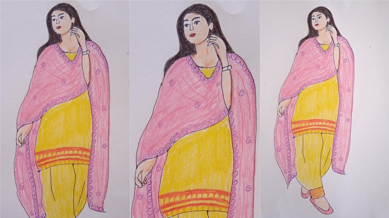 How to Draw a girl in Suit salwar || Dress drawing || Girl Drawing ...