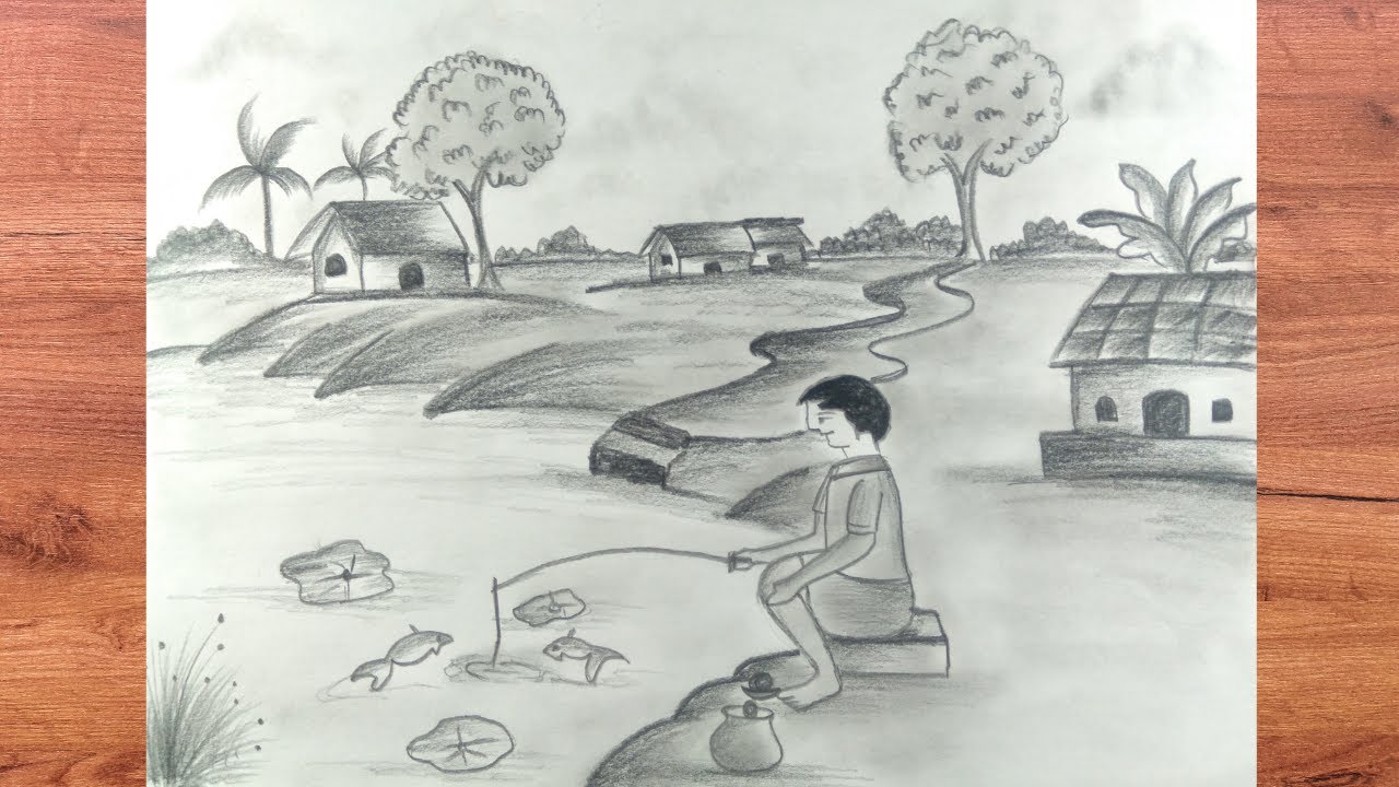 How to draw scenery of fishing step by step // A boy fishing drawing ...