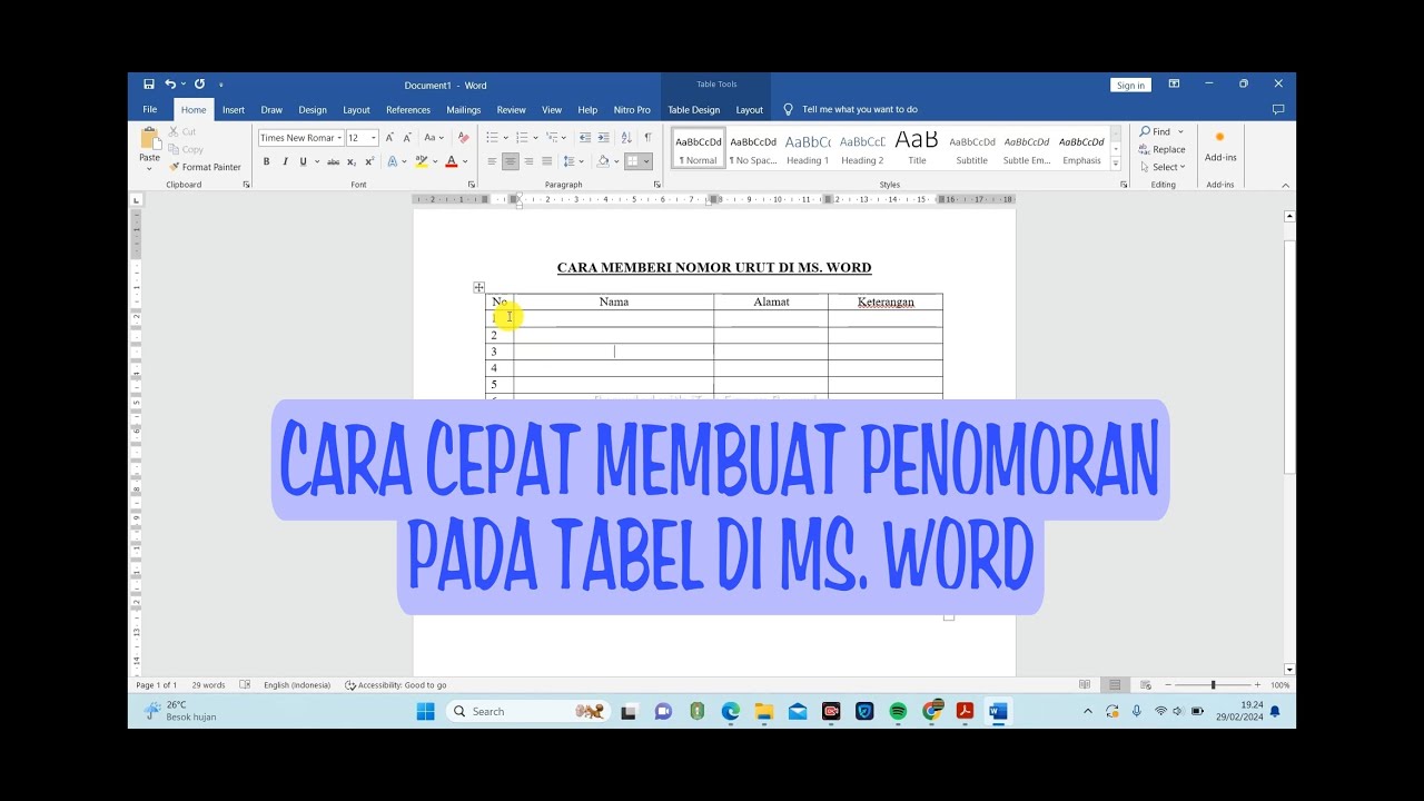CARA CEPAT MEMBUAT PENOMORAN PADA TABEL DI MICROSOFT WORD - YouTube