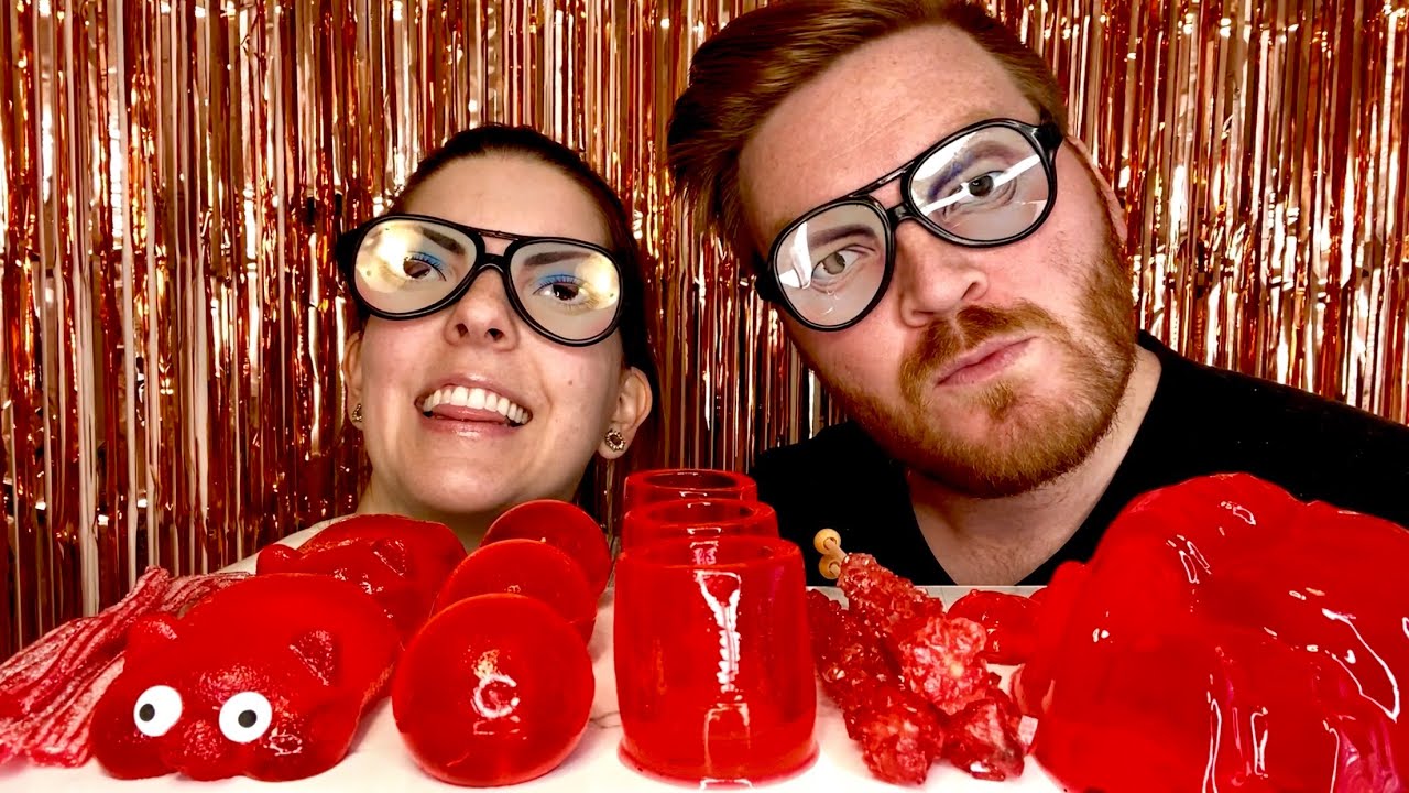 MUKBANG RED Food Eating A Heart, Edible Cups, Jelly Balls, Rock Candy ...