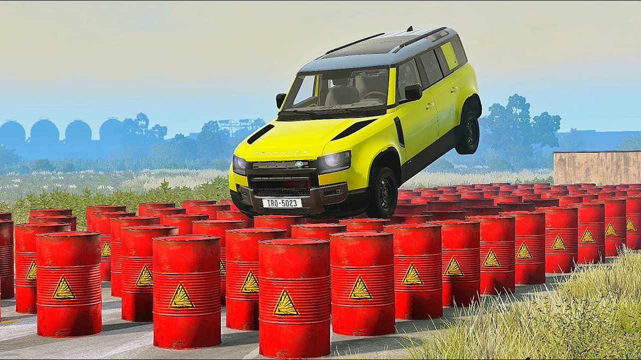Cars vs 100 Explosive Barrel – BeamNG.Drive - YouTube