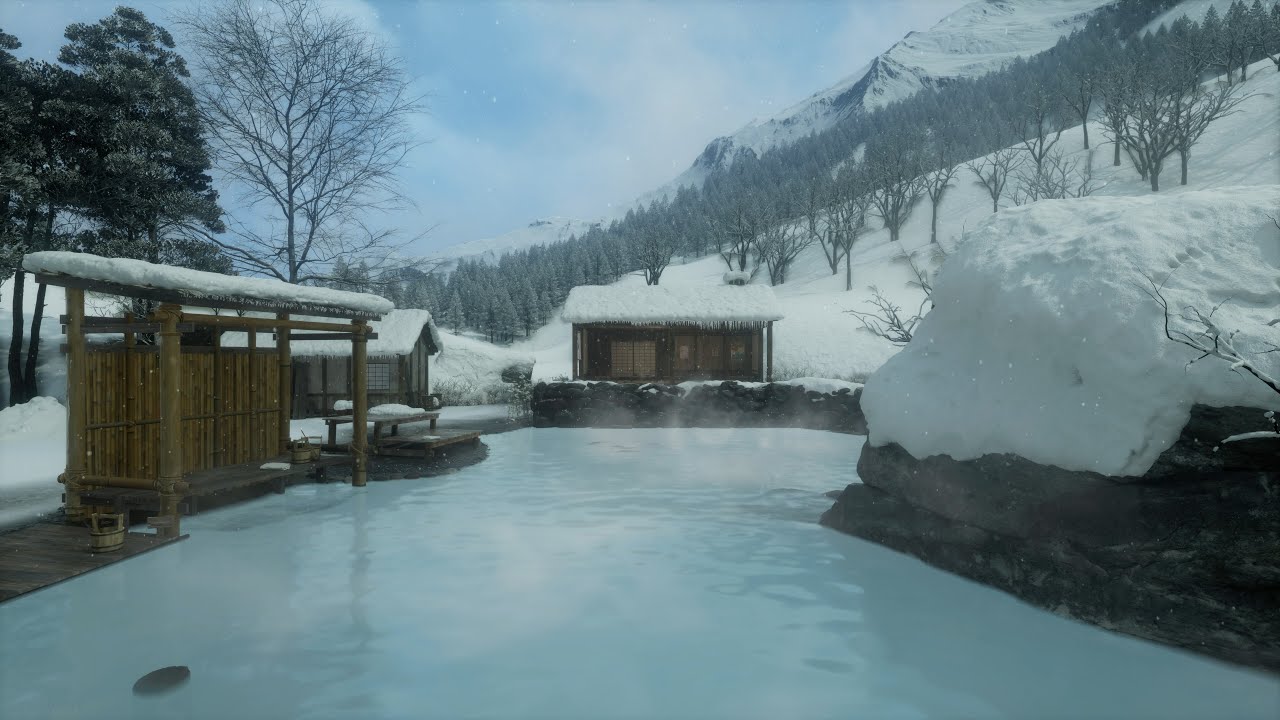 Winter Mountain Hot spring Ambience | White Noise, Water, Bird Sounds ...