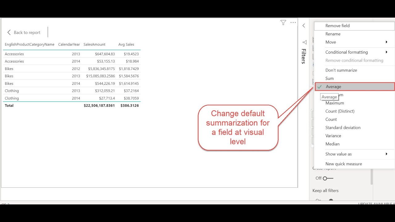 Change the default summarisation for a field at visual level power bi ...