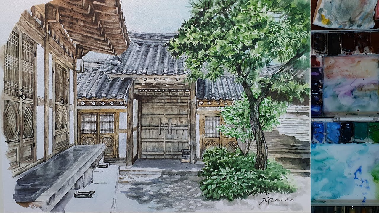 한옥 풍경 수채화 작품 그림 그리기 Youtube