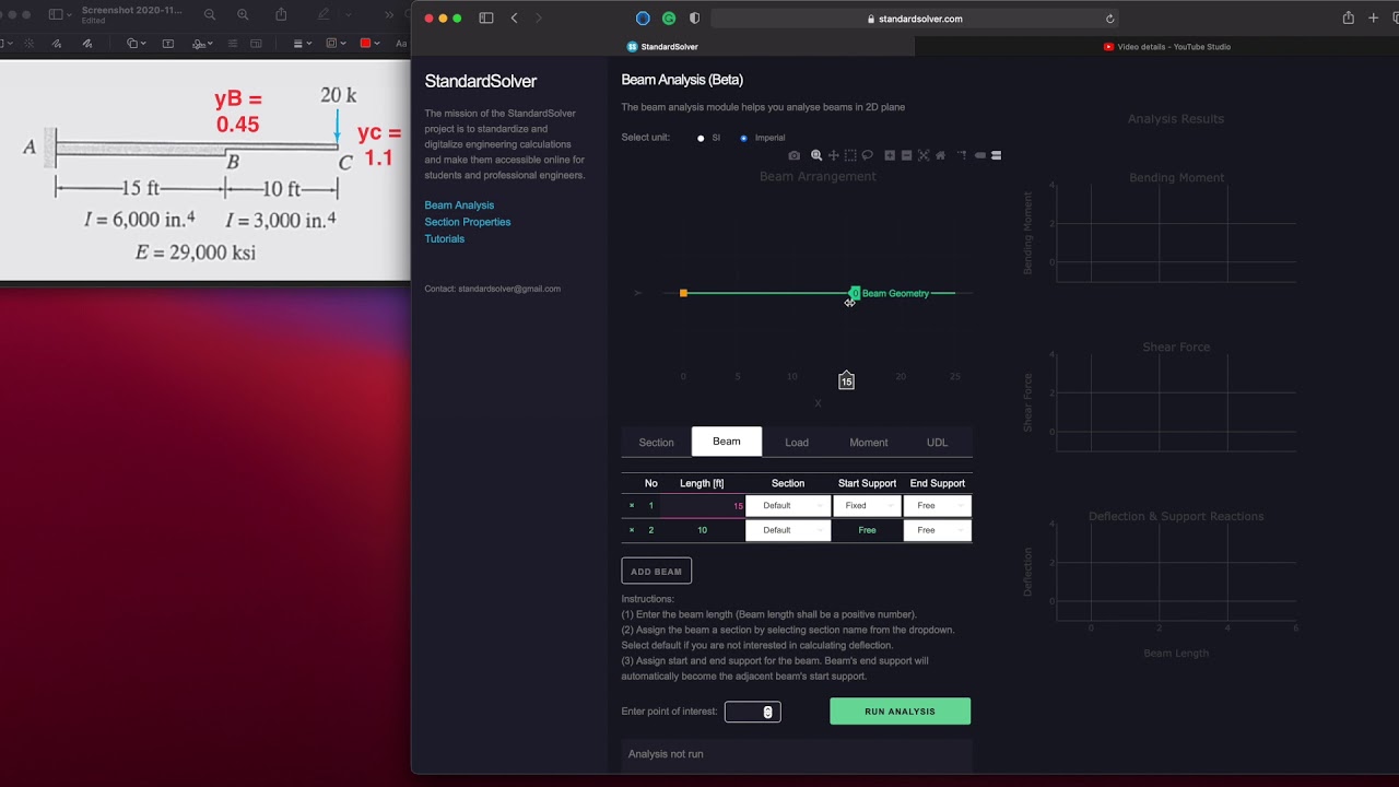 How to calculate deflection of beam with varying cross section using standardsolver - YouTube