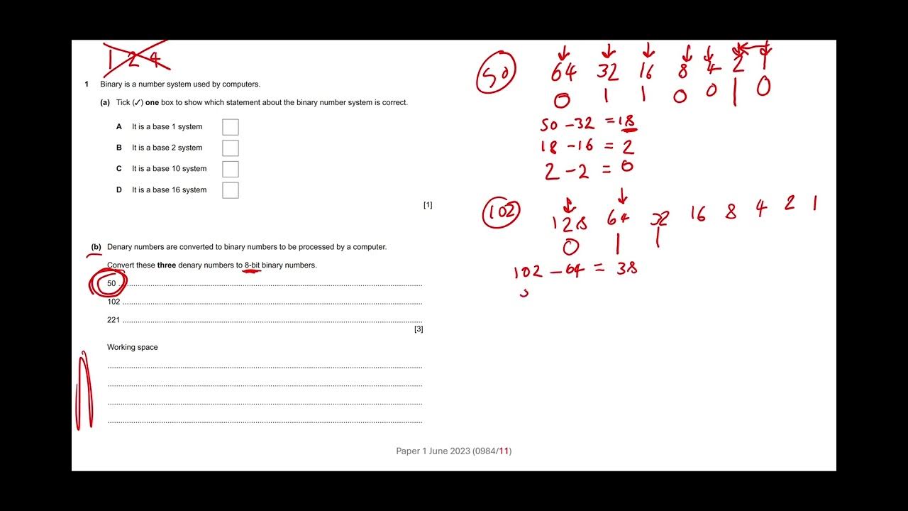 Q1 part b convert * DENARY to BINARY * Cambridge iGCSE Computer Science Paper 11 June 2023 - YouTube