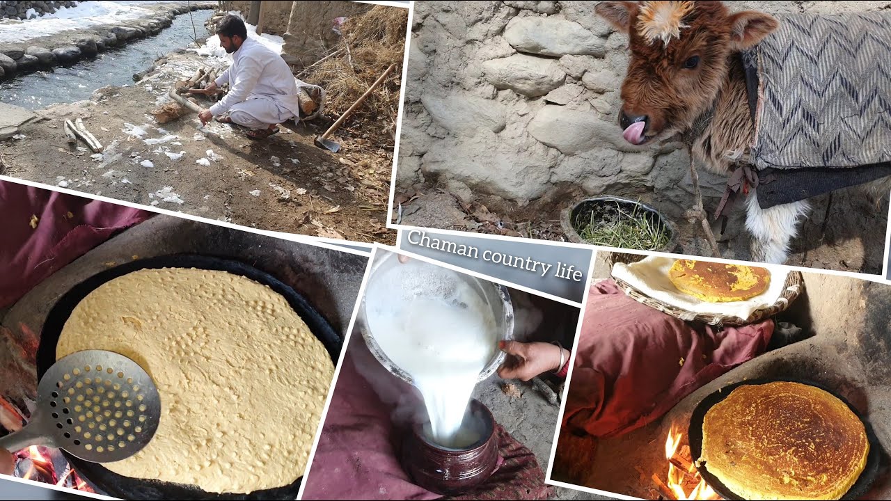 Simple village life, preparing village food (yogurt, cornbread) on ...